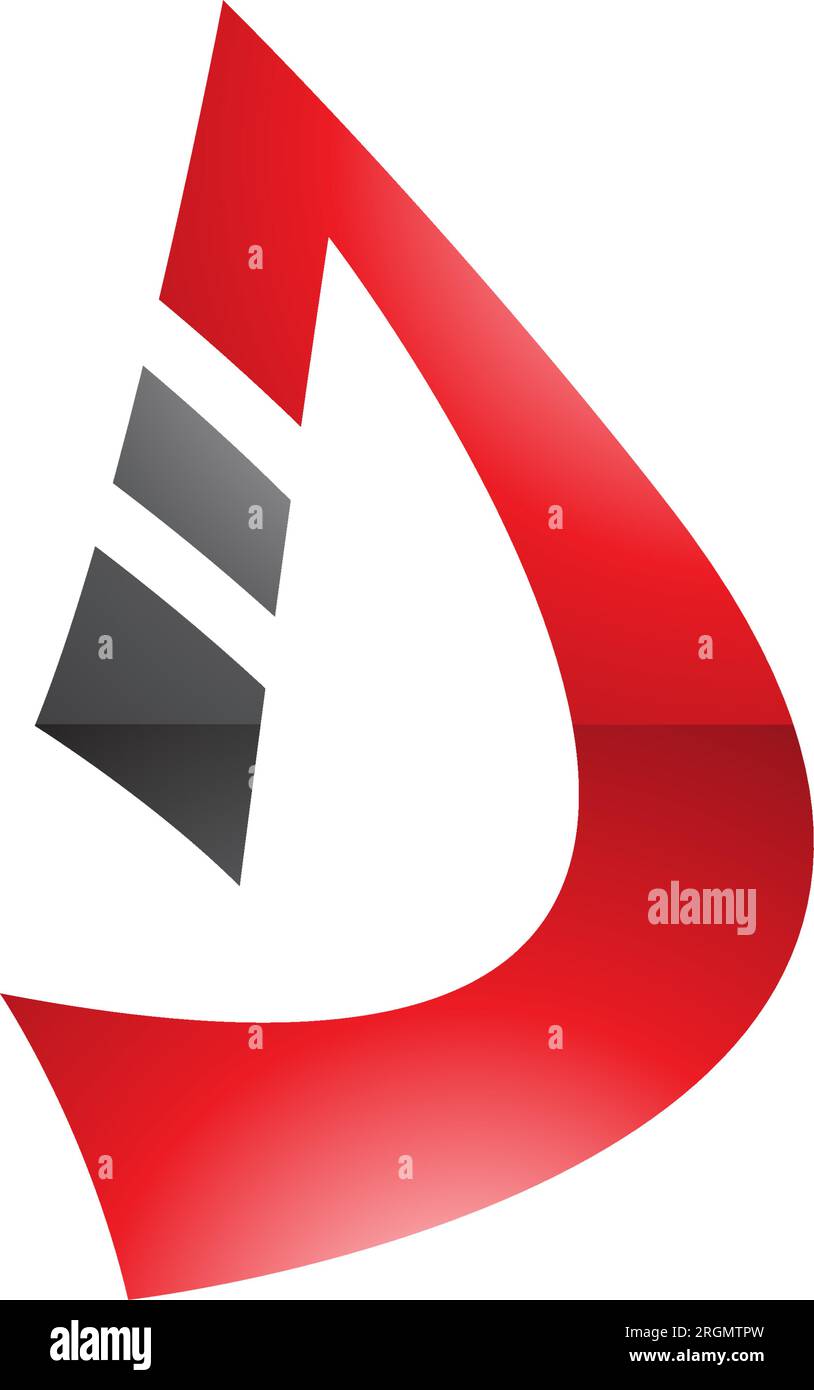 Black and Red Glossy Curved Strip Shaped Letter D Icon on a White ...