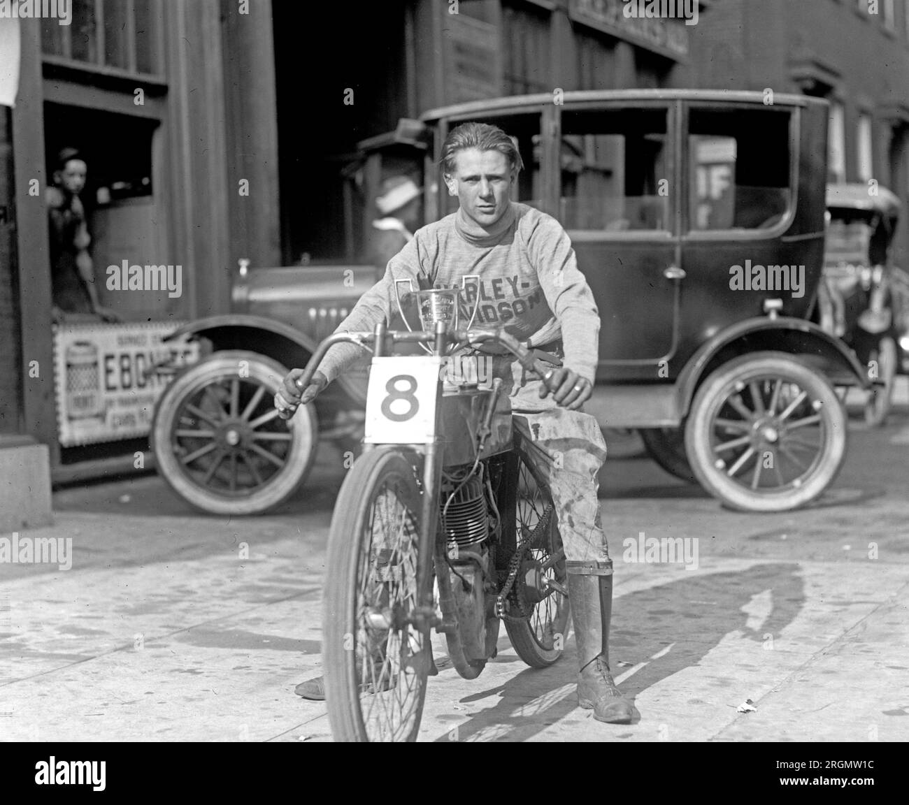 Vintage motorcycle racer wearing a Harley Davidson shirt ca. 1922 Stock ...