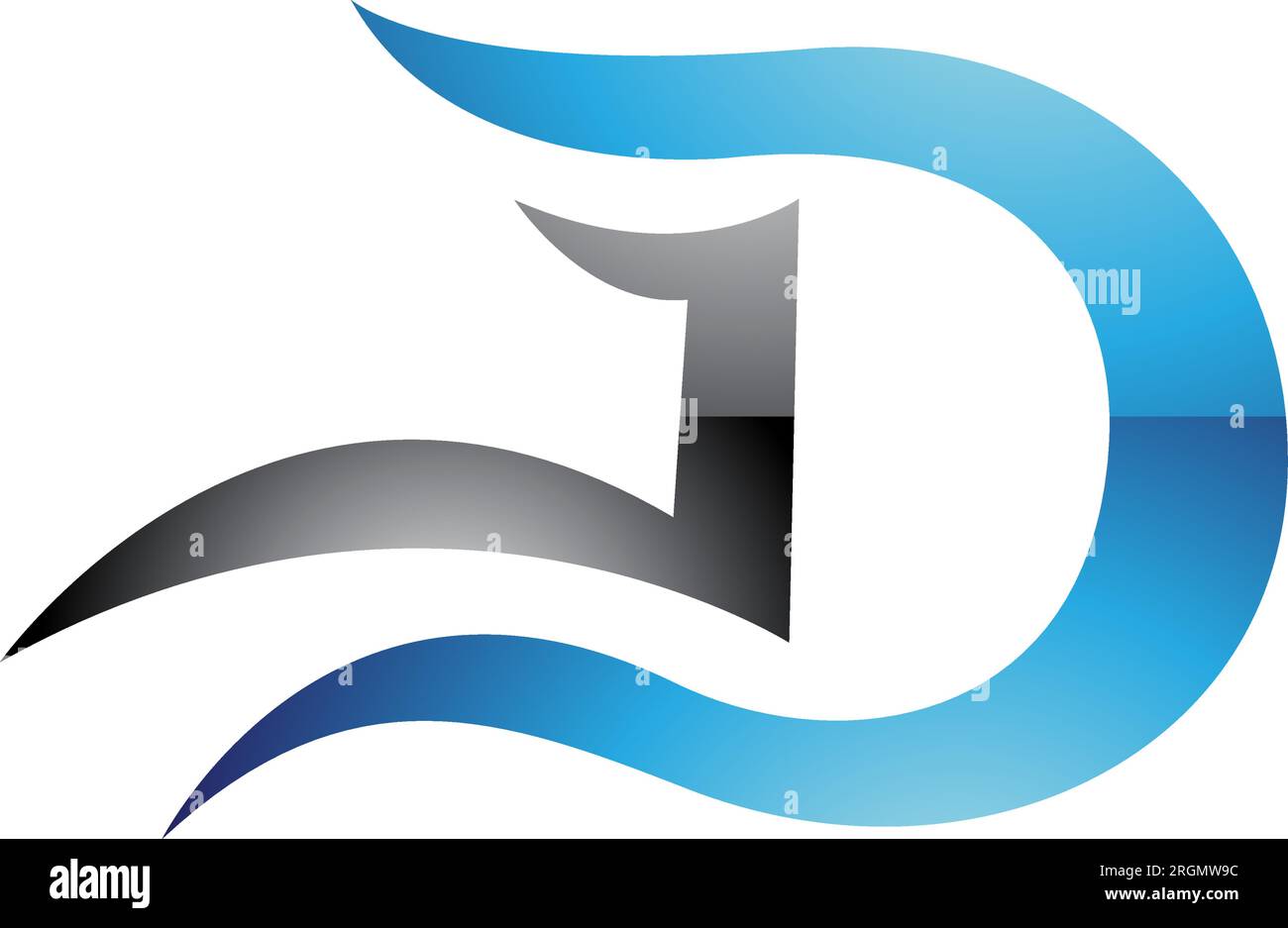 Blue and Black Glossy Letter D Icon with Wavy Curves on a White ...