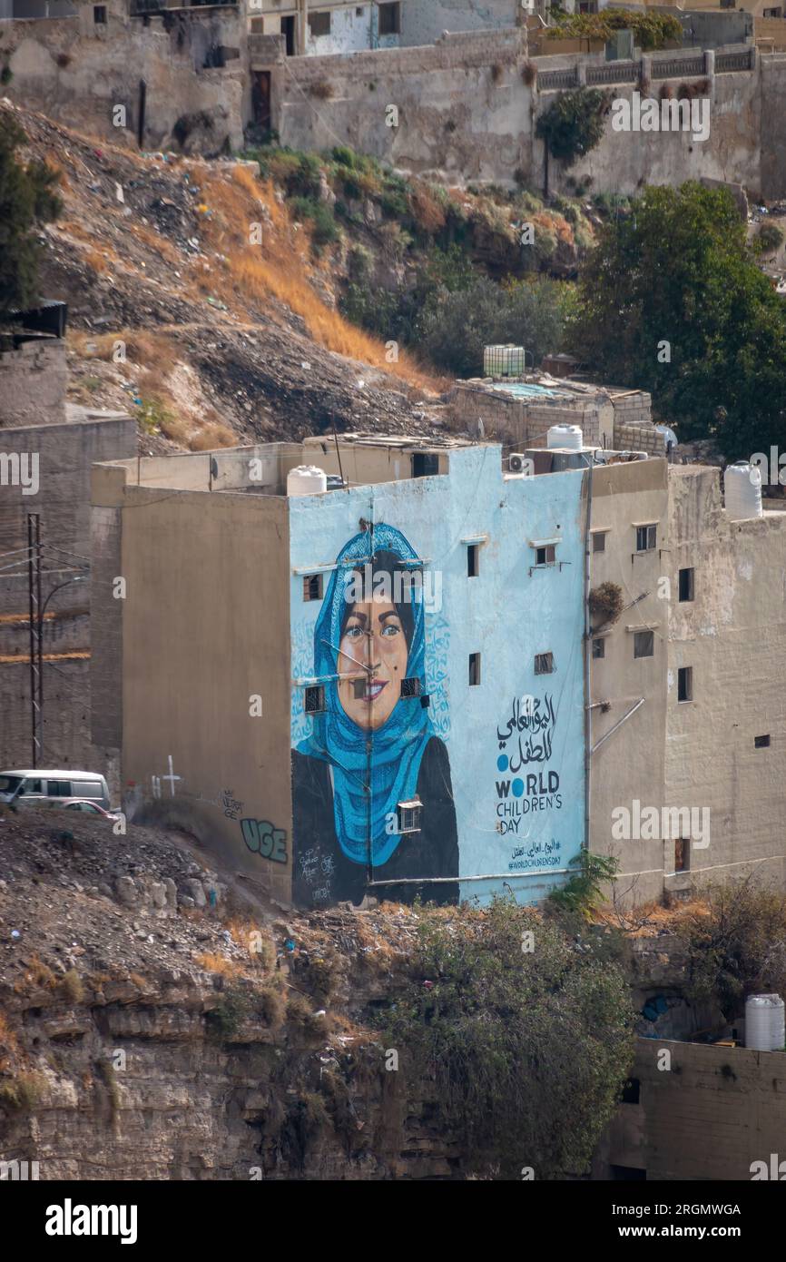 Amman, Jordan - November 1, 2021: Huge mural on the facade of a ...