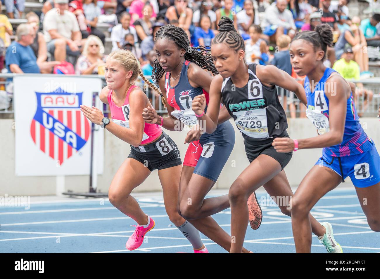 August 2, 2023: Athletes compete in the Girls 800 Meter Run 12 years ...