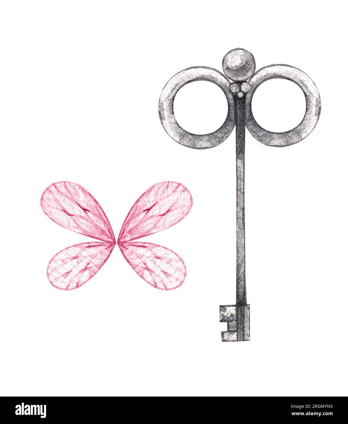 Watercolor hand drawn key with wings. Fairy tale key illustration on ...