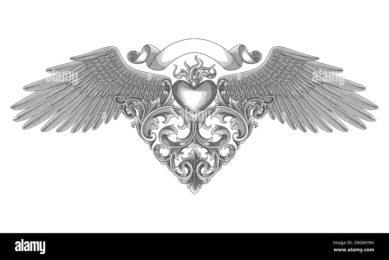 heart with torch, wings, banner and gold floral ornament, Vintage ...