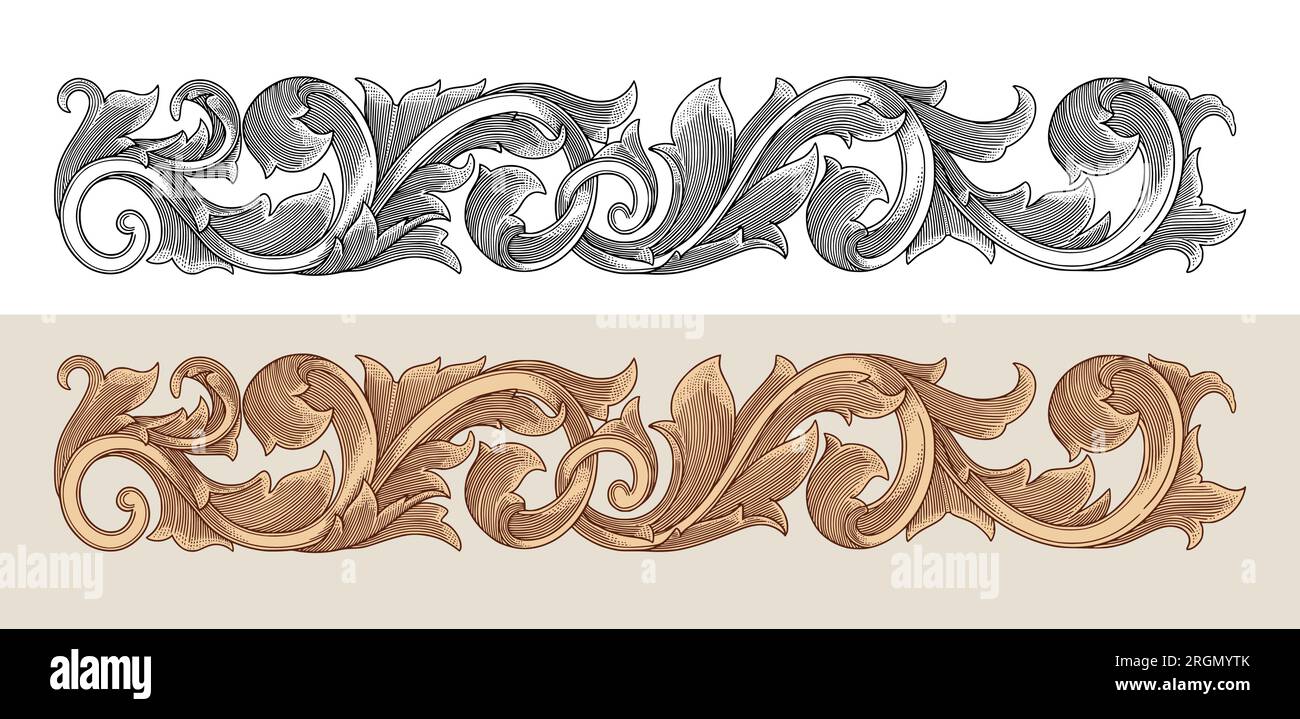 Vintage baroque ornament leaf scroll, hand drawing engraving style ...