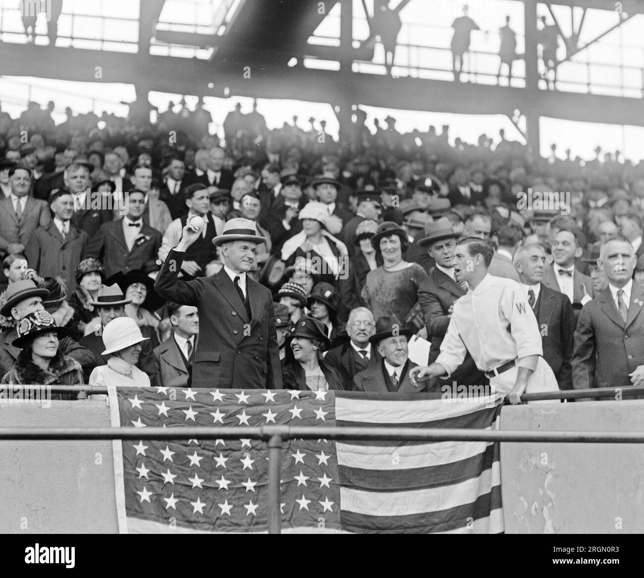 1924 World Series: President Calvin Coolidge throwing out 1st ball at World Series 10/4/24 Stock ...