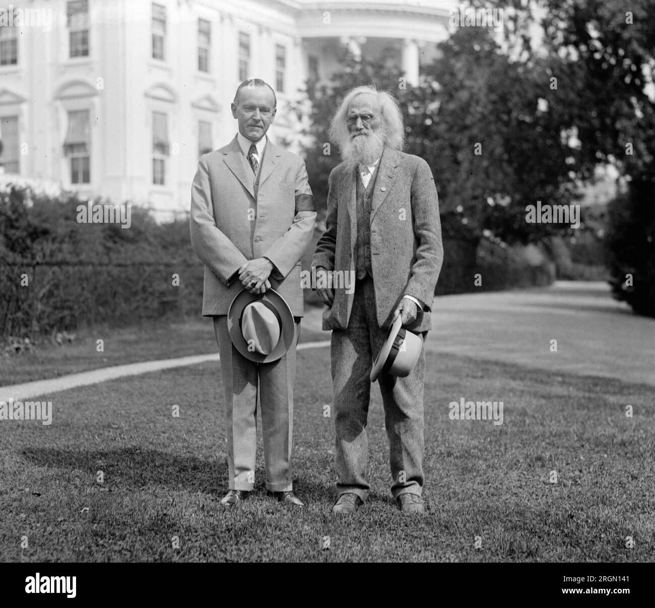 Calvin Coolidge and Ezra Meeker at the White House ca. 1924 Stock Photo ...