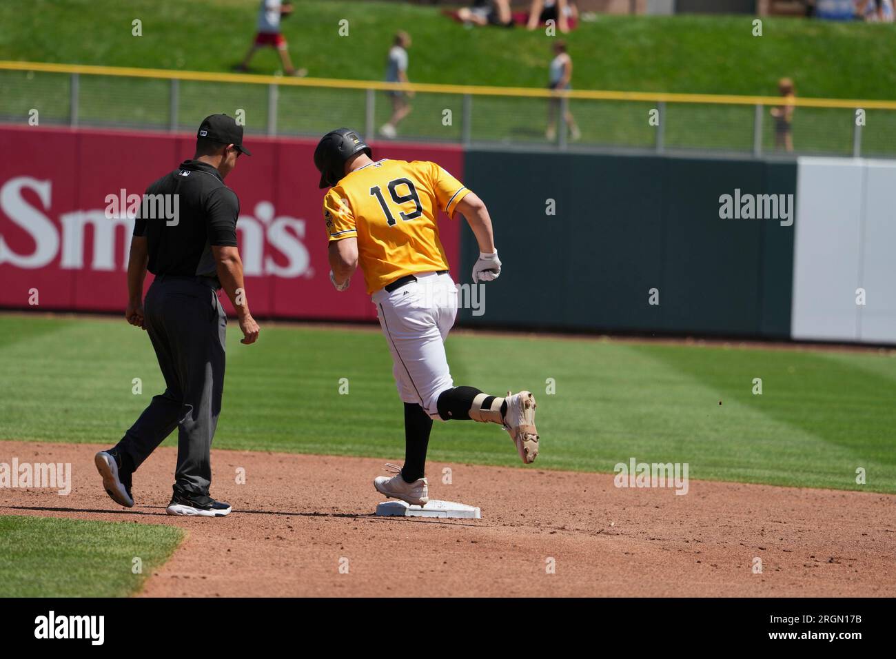 August 6 2023: Salt Lake third baseman Kevin Padio (19) hits a home ...