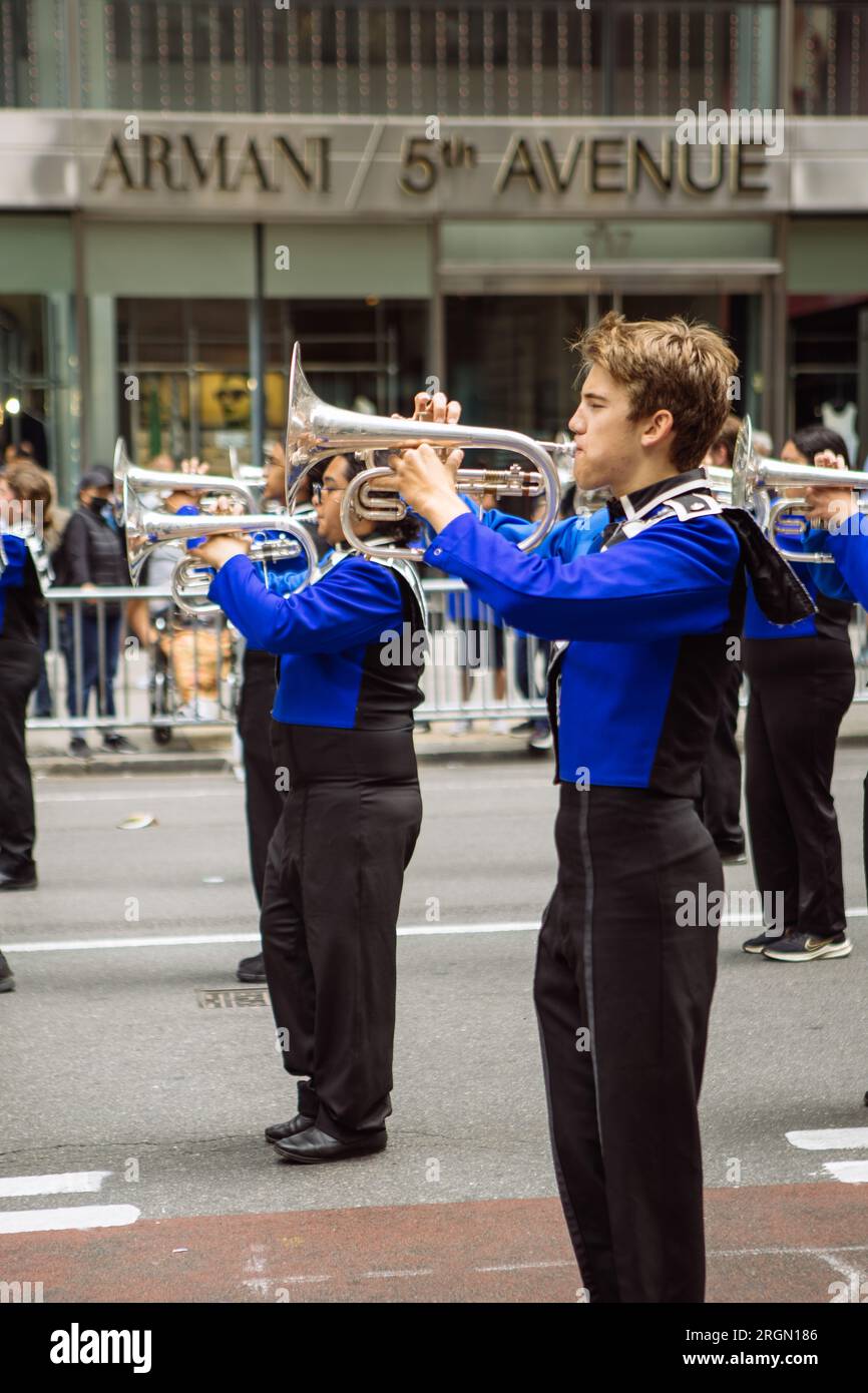 Band playing tuba during Israel Day parade in fifth avenue in Manhattan ...