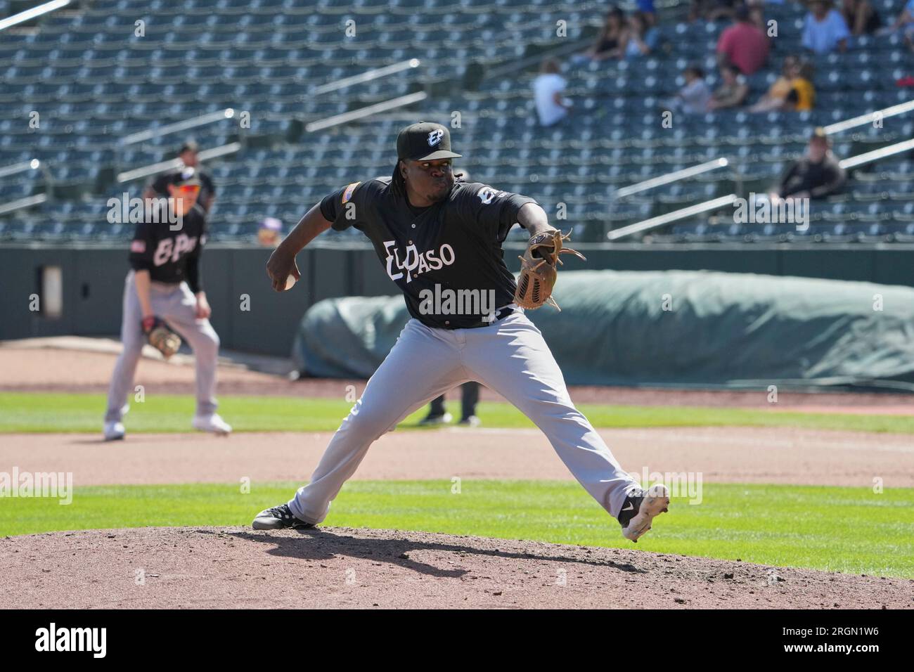 August 6 2023: El Paso pitcher Moises Lugo (55) throws a pitch during ...