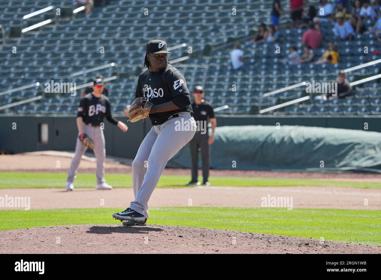 August 6 2023: El Paso pitcher Moises Lugo (55) throws a pitch during ...