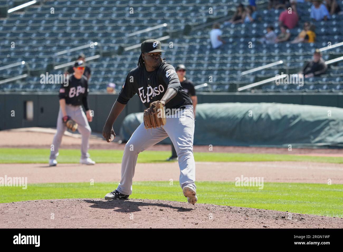 August 6 2023: El Paso pitcher Moises Lugo (55) throws a pitch during ...