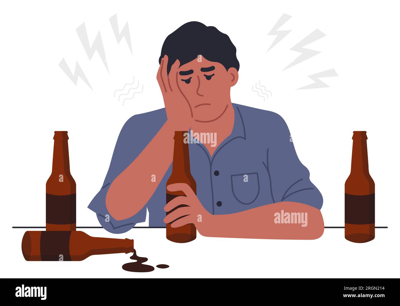 Alcoholism Concept. Man With Beer Bottles. Vector Illustration In Flat ...