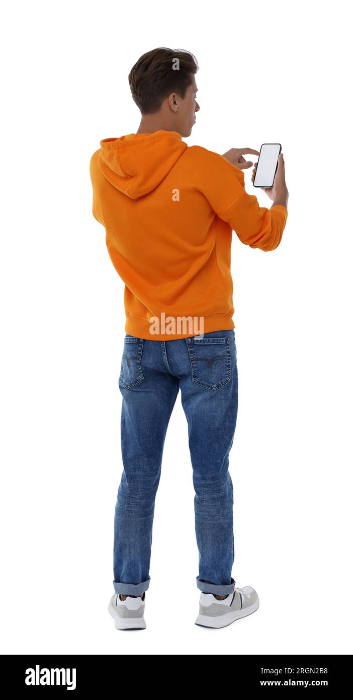 Man using phone with blank screen on white background, back view Stock ...