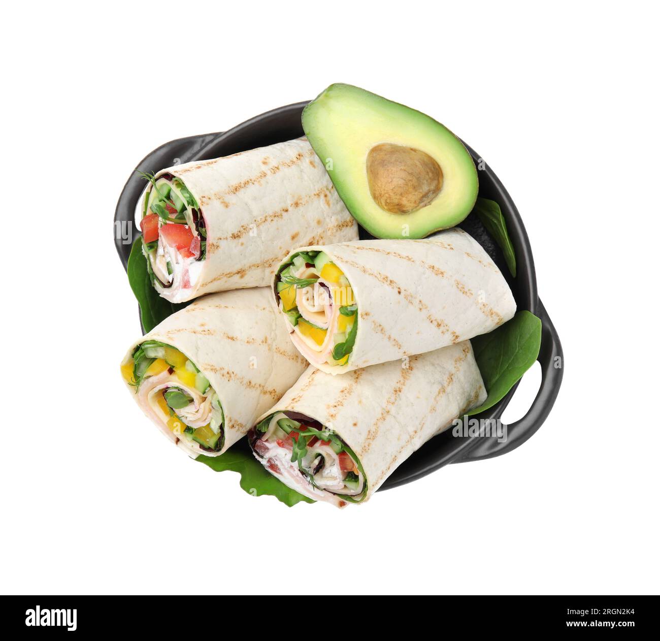 Delicious sandwich wraps with fresh vegetables isolated on white, top ...