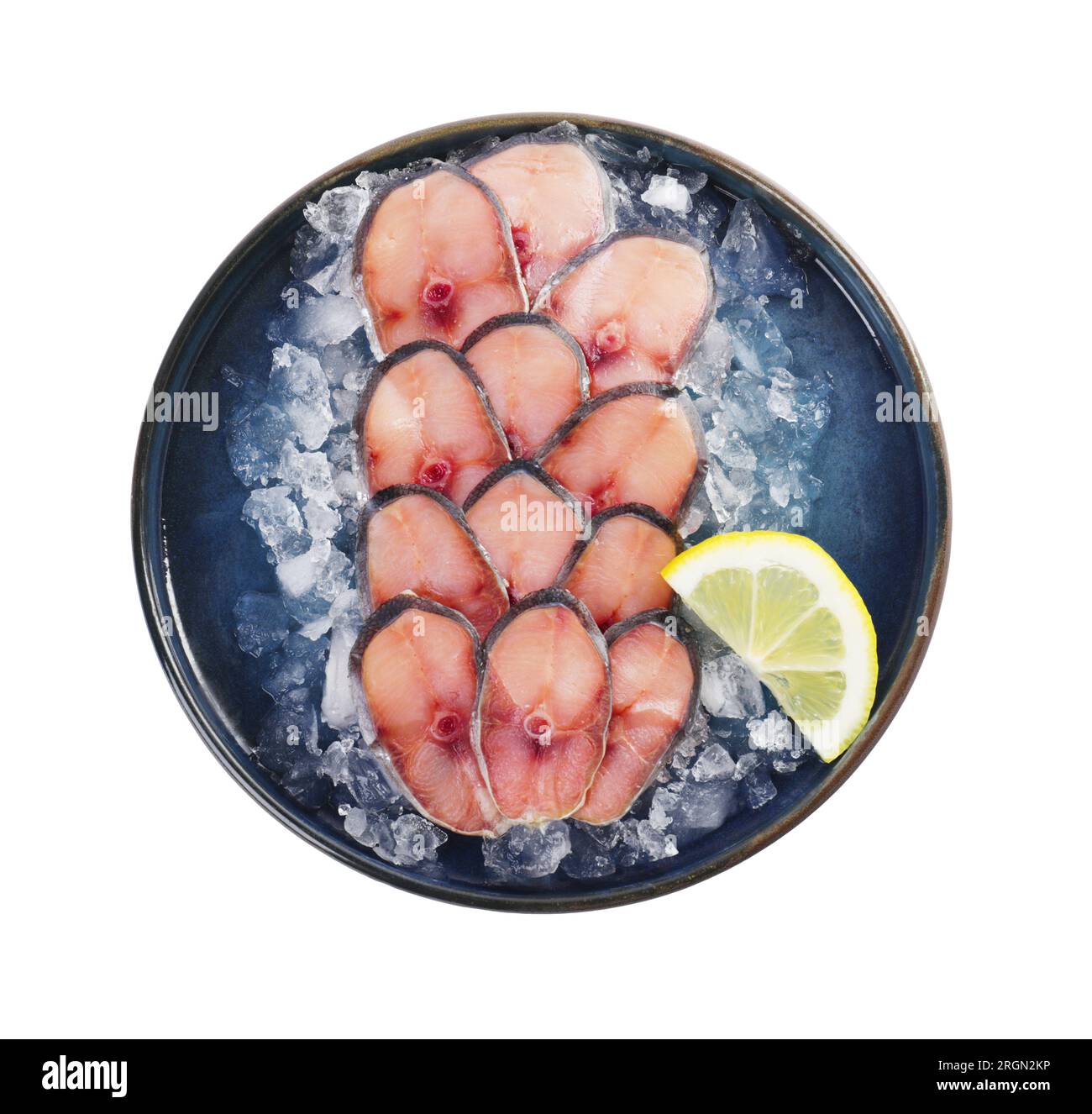 Mackerel slices, ice cubes and lemon isolated on white, top view. Fish ...
