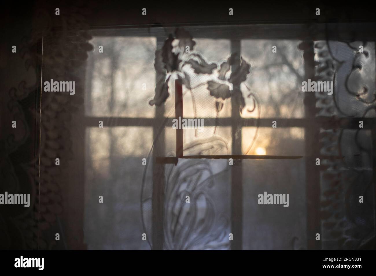Curtain on window. Dawn outside window. Morning at home Stock Photo - Alamy