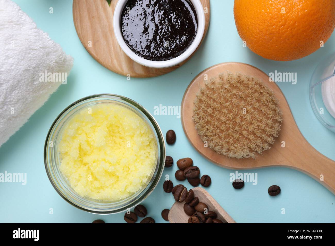 Flat lay composition with natural body scrubs and fresh ingredients on ...