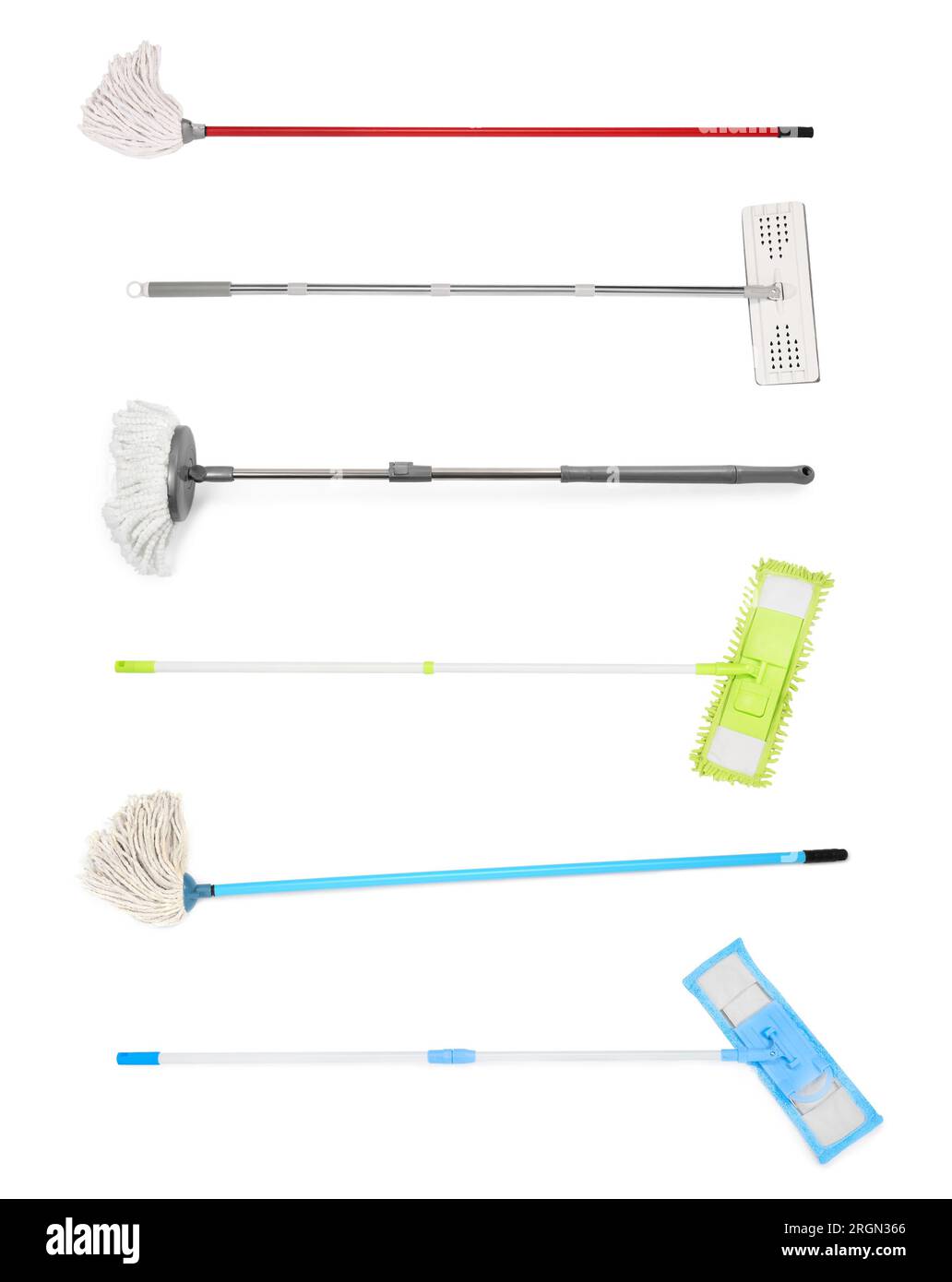 Set of different mops on white background, top view Stock Photo - Alamy