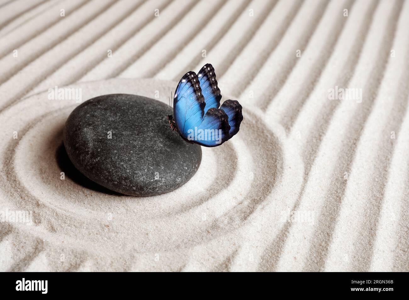 Peace and harmony. Zen garden stone on sand with pattern and beautiful ...