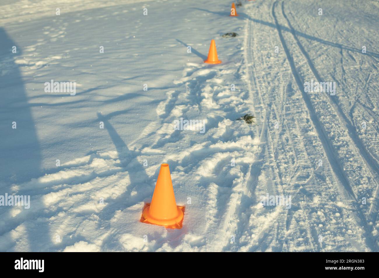Ski track for competitions. Rolled snow. Track details in mountains ...