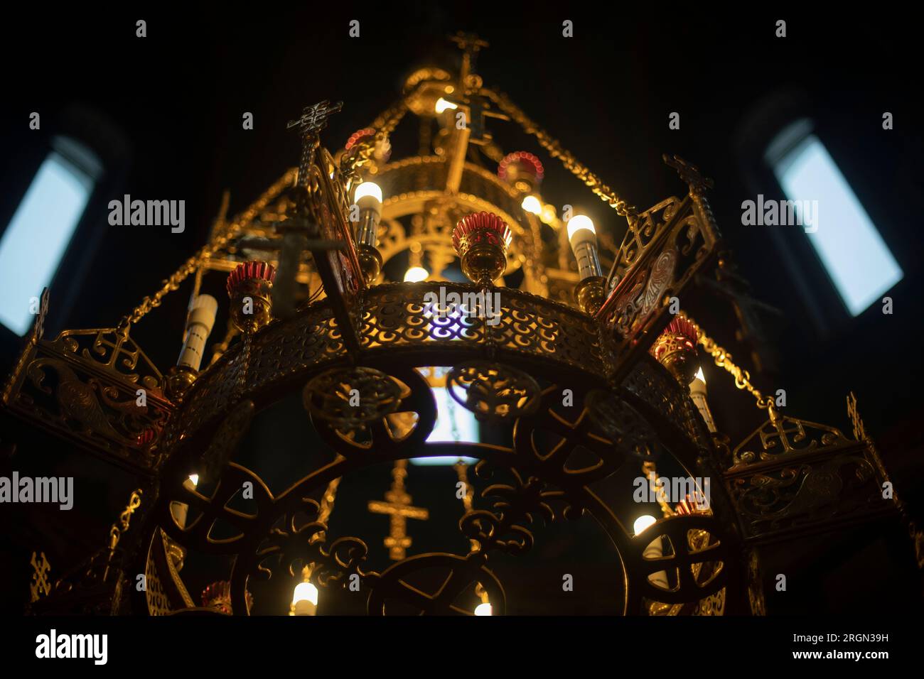 Golden chandelier in Temple. Interior of Church. Beautiful object ...