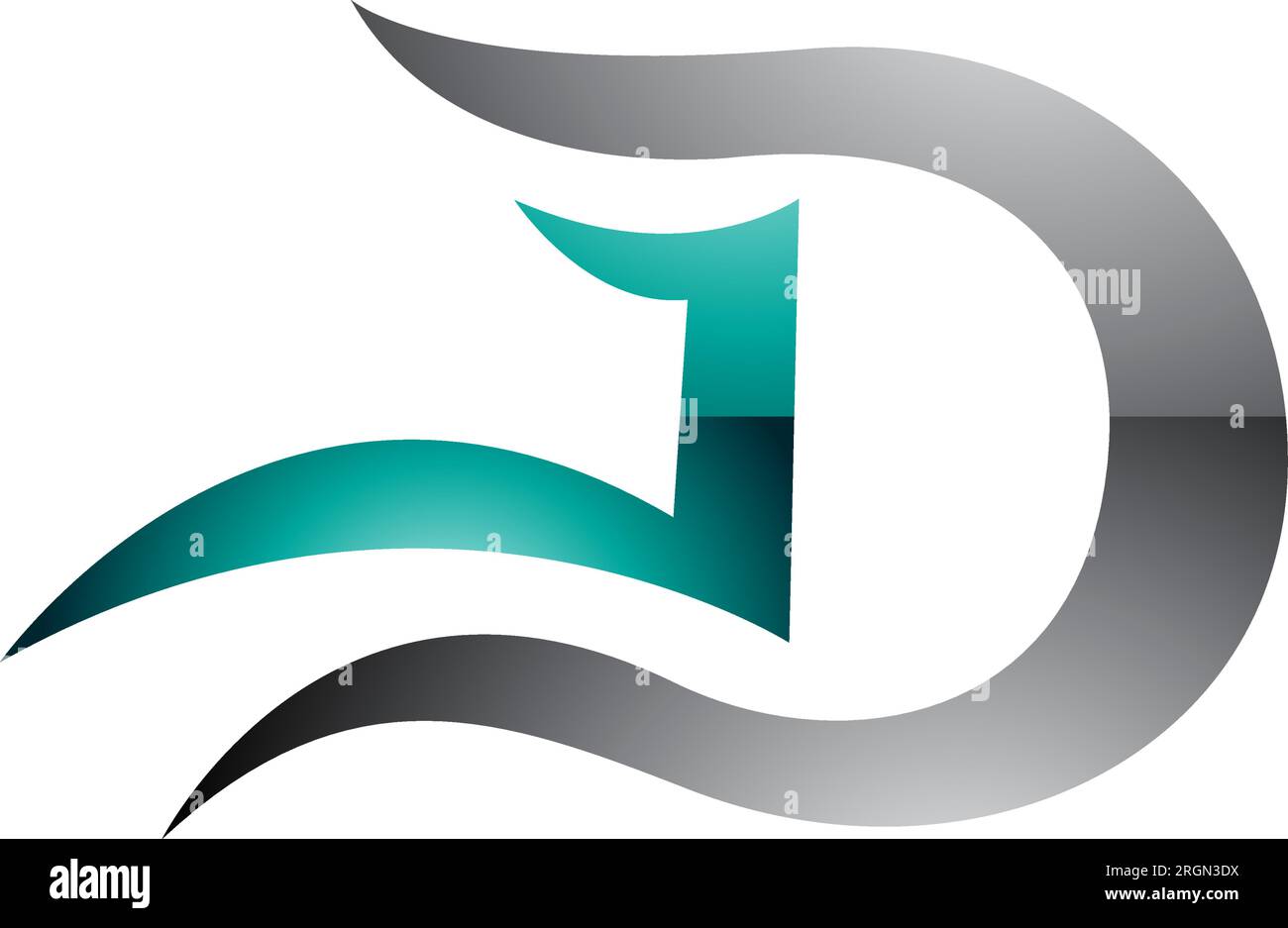 Grey and Persian Green Glossy Letter D Icon with Wavy Curves on a White ...