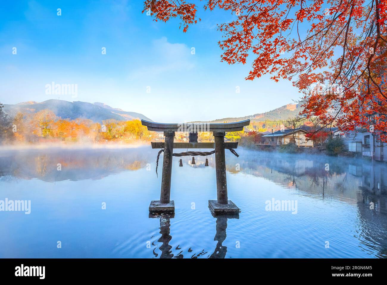 Yufuin, Japan - Nov 27 2022: Tenso-jinja shrine at lake Kinrin, is one ...