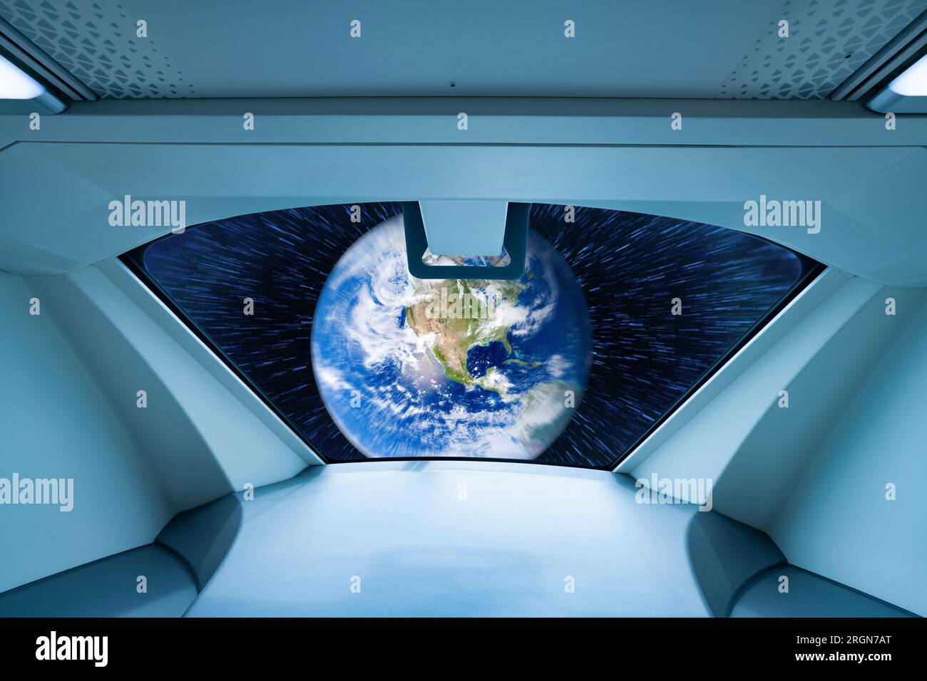 Window view of alien spaceship. UFO or unidentified flying objects. Alien invasion. Space travel ...