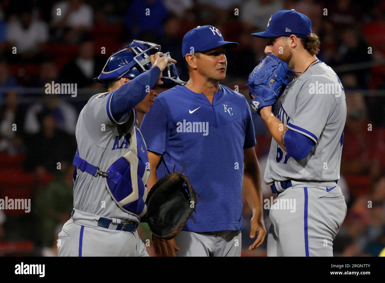 Kansas City Royals starting pitcher Alec Marsh, right, talks with ...