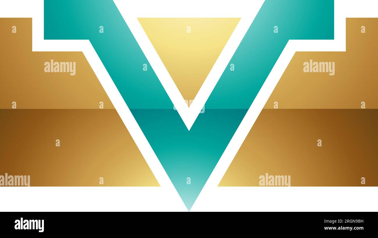 Persian Green and Gold Glossy Rectangle Shaped Letter V Icon on a White ...