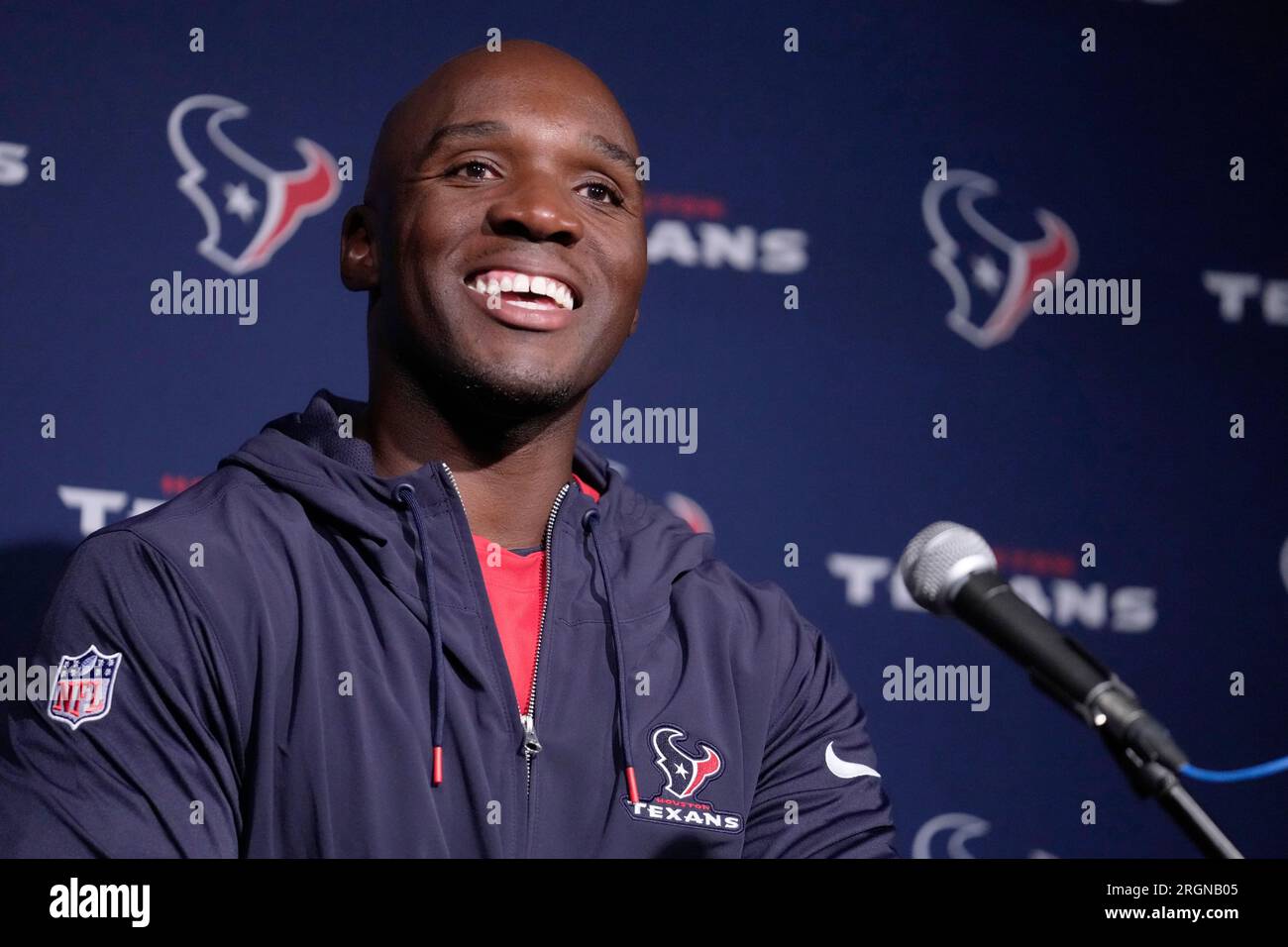 Houston Texans head coach DeMeco Ryans smiles while talking with reporters following an NFL ...