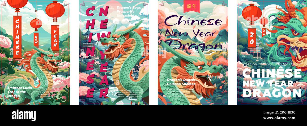 Chinese New Year of the Dragon poster set. Asian 2024 festive greeting ...