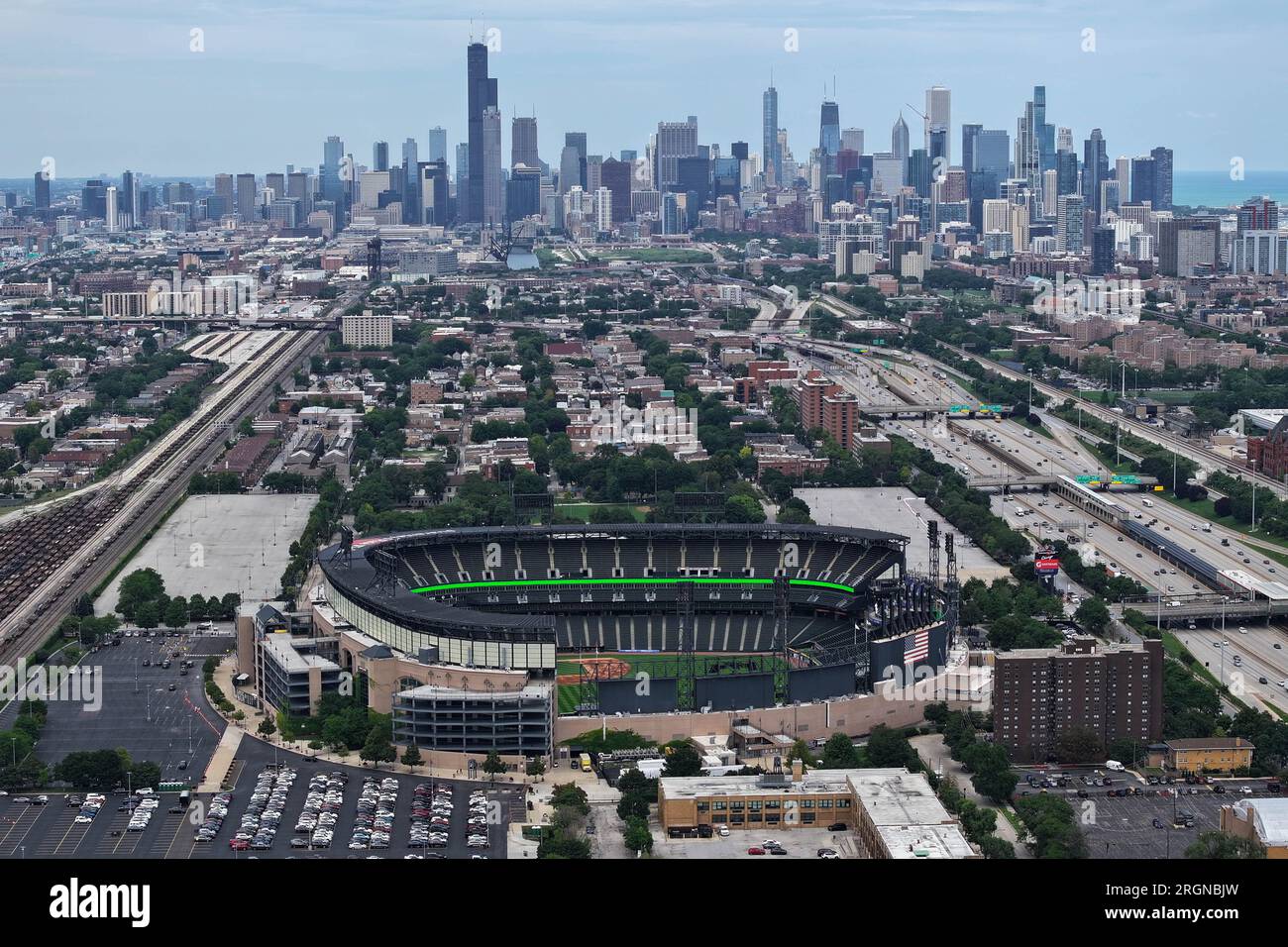 A general overall aerial view of Guaranteed Rate Field and downtown ...