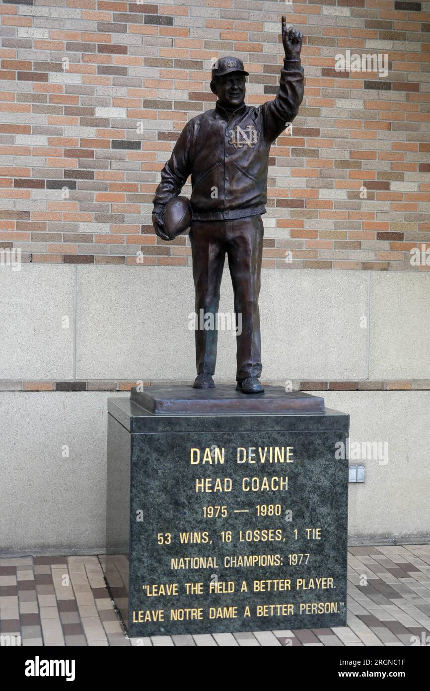 A statue of former Notre Dame Fighting Irish football coach Dan Devine (1975-80) at Notre Dame ...
