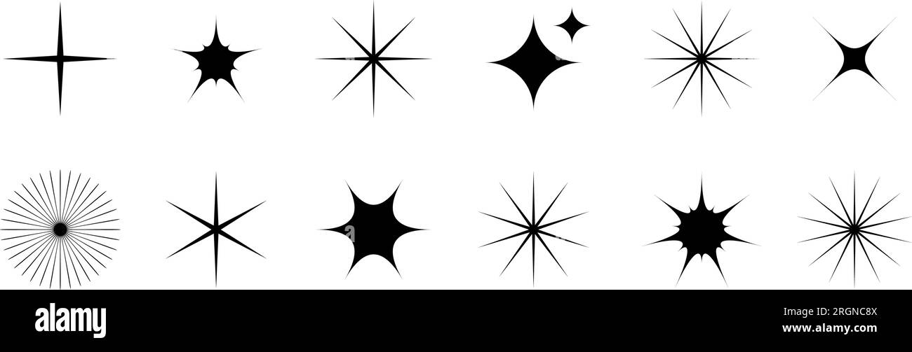 Black stars and twinkles set. Retro bling collection. Abstract simple ...
