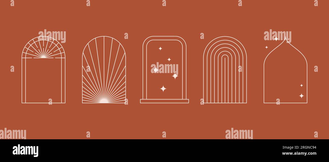 Boho style linear arch frame collection. Bohemian decorative ornamental border set for badge ...