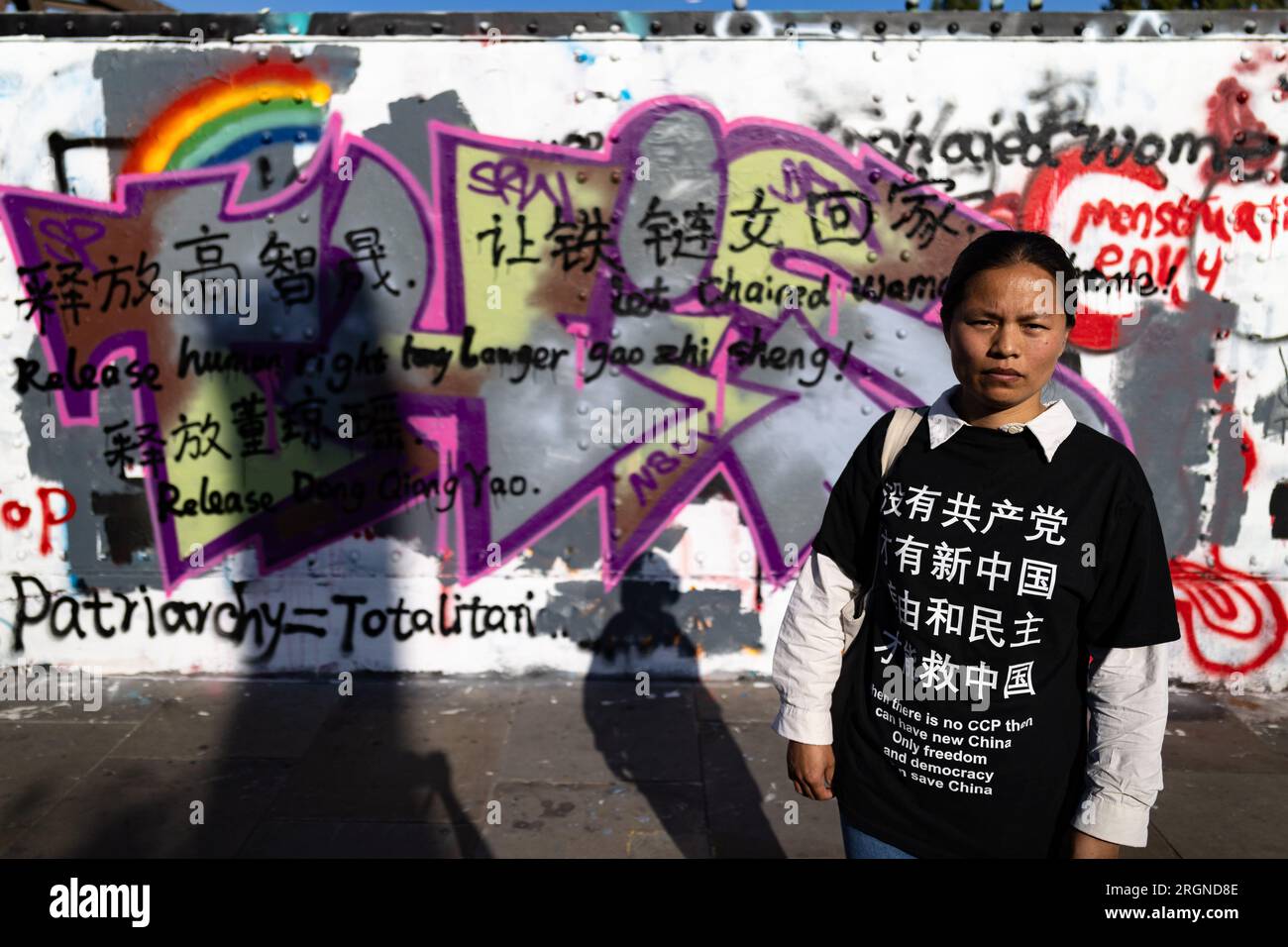 Lydia Lui, 44, poses in front of her anti-Beijing counter-slogans in ...
