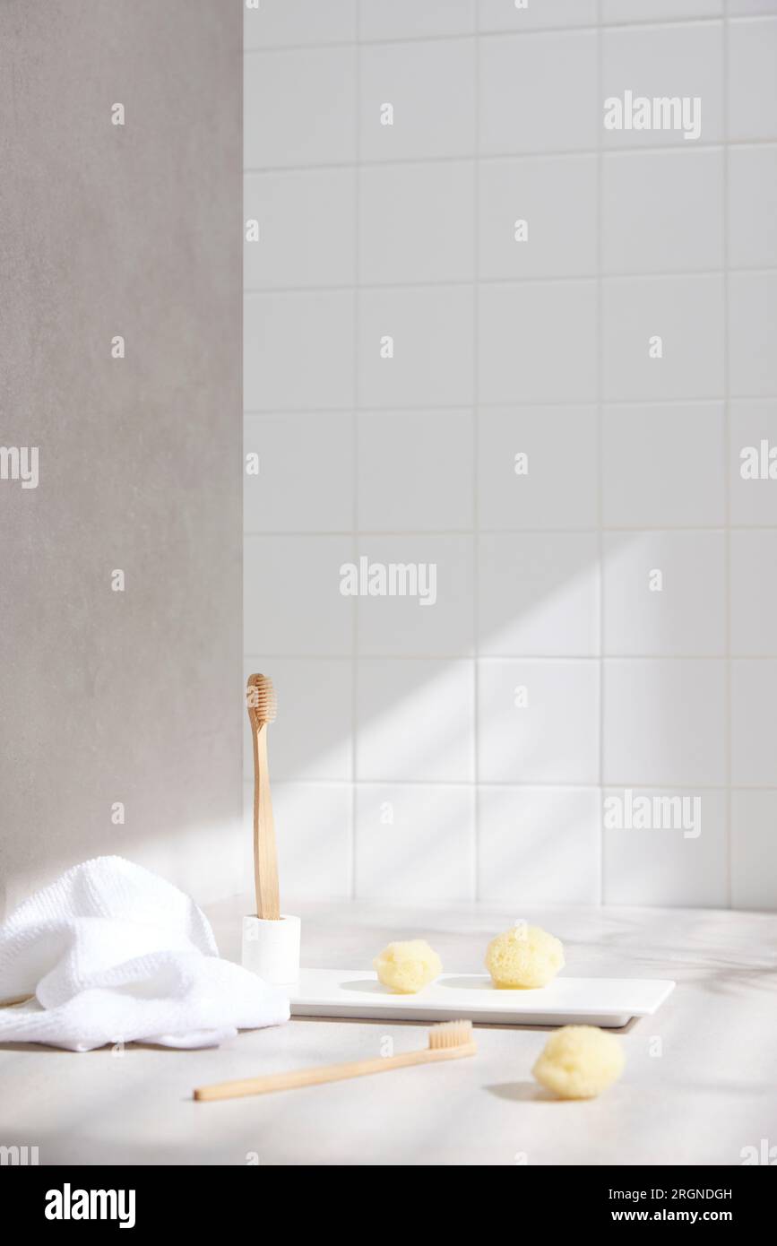 Various props in the bathroom background Stock Photo - Alamy