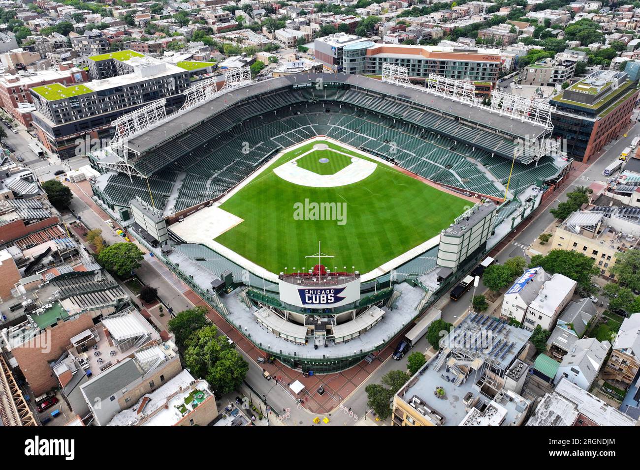 A general overall aerial view of Wrigley Field, Monday, Aug. 7, 2023 ...