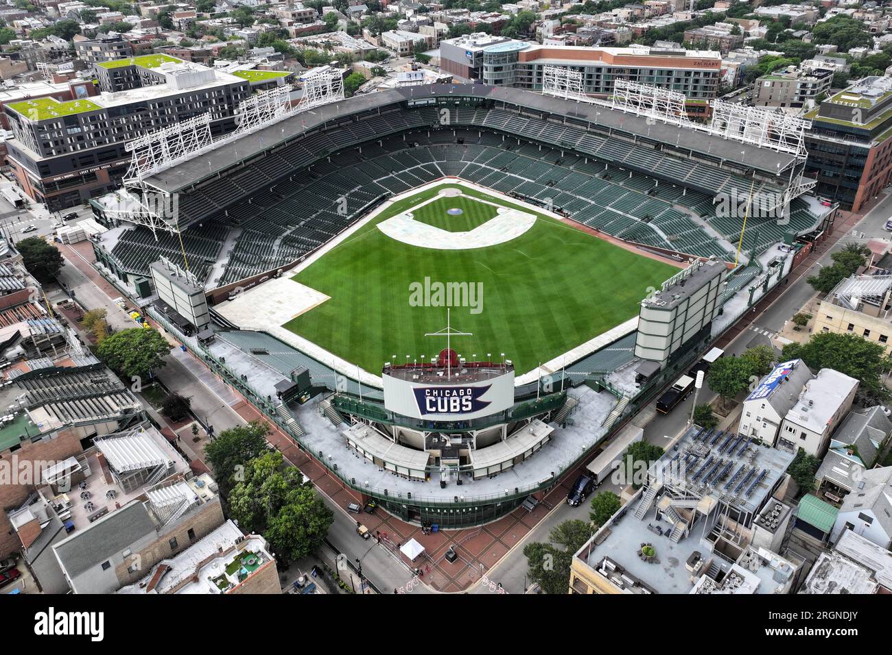 A general overall aerial view of Wrigley Field, Monday, Aug. 7, 2023 ...