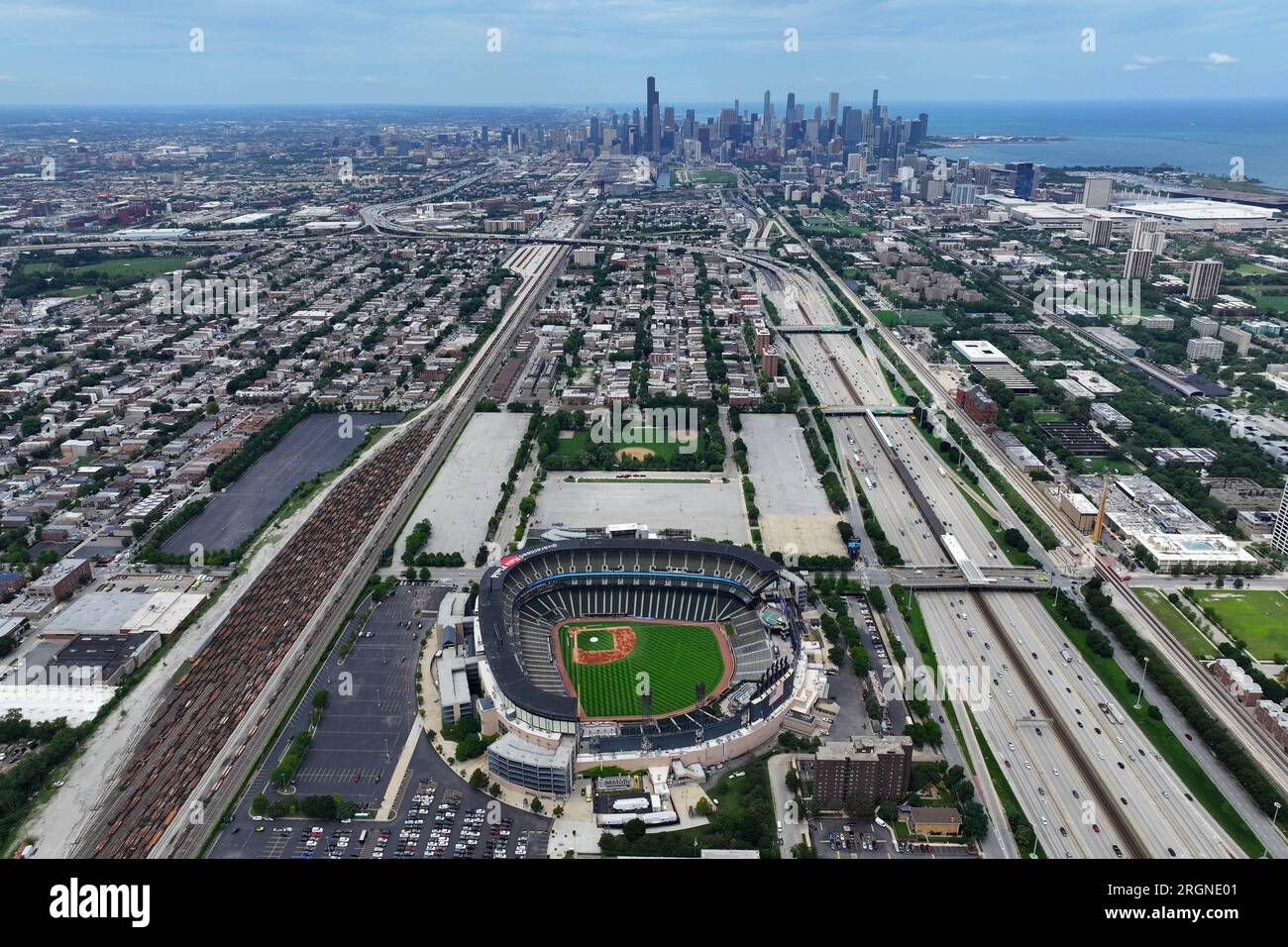 A general overall aerial view of Guaranteed Rate Field and downtown ...
