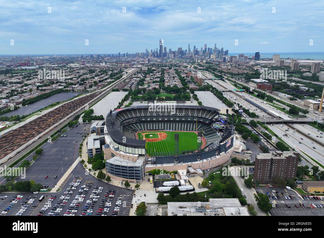 A general overall aerial view of Guaranteed Rate Field and downtown ...