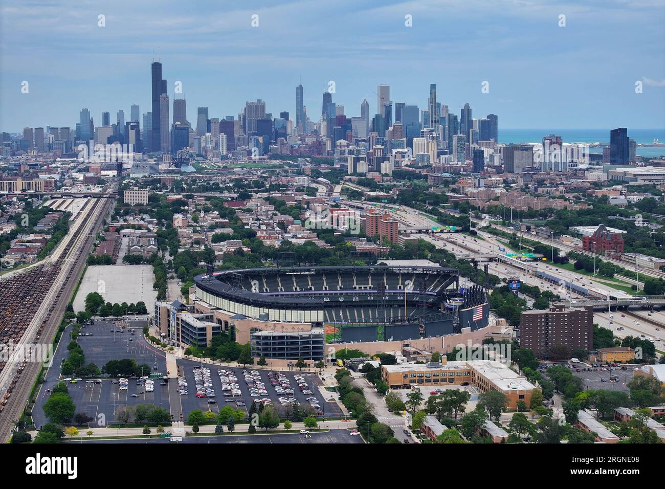 General overall aerial view of guaranteed rate field downtown skyline ...