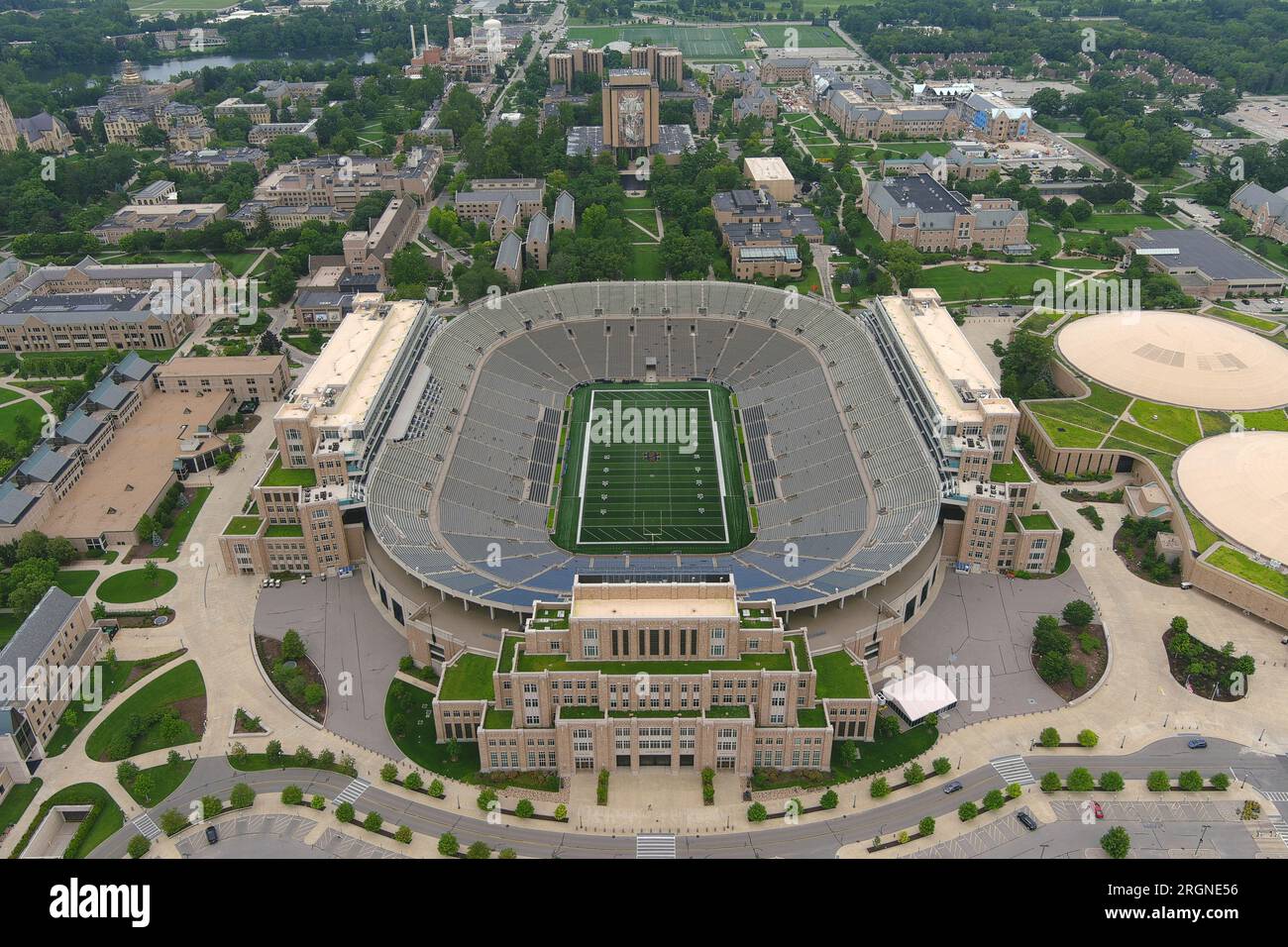 A general overall aerial view of Notre Dame Stadium and Touchdown Jesus (Word of Life) mural on ...