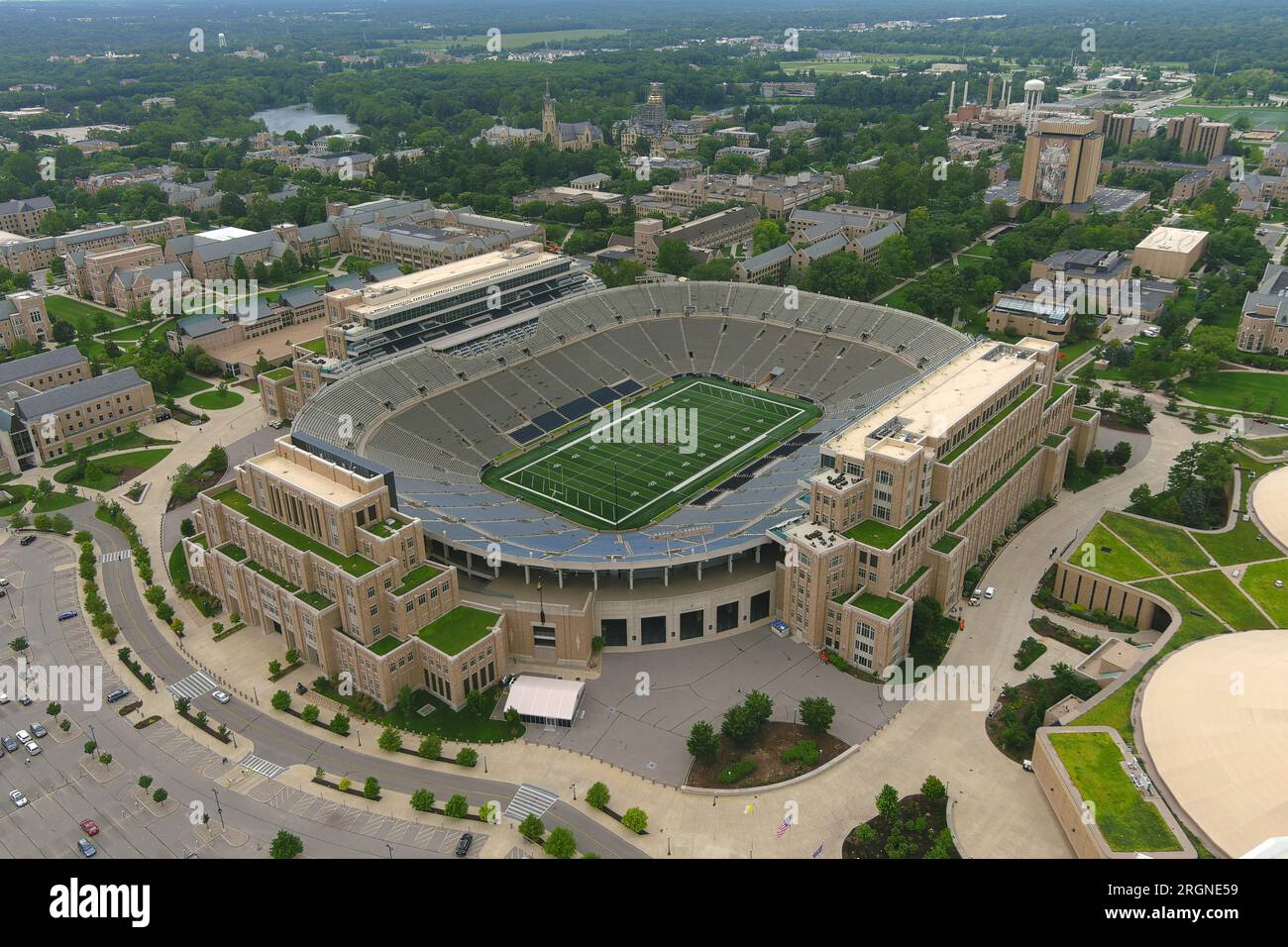 A general overall aerial view of Notre Dame Stadium and Touchdown Jesus ...