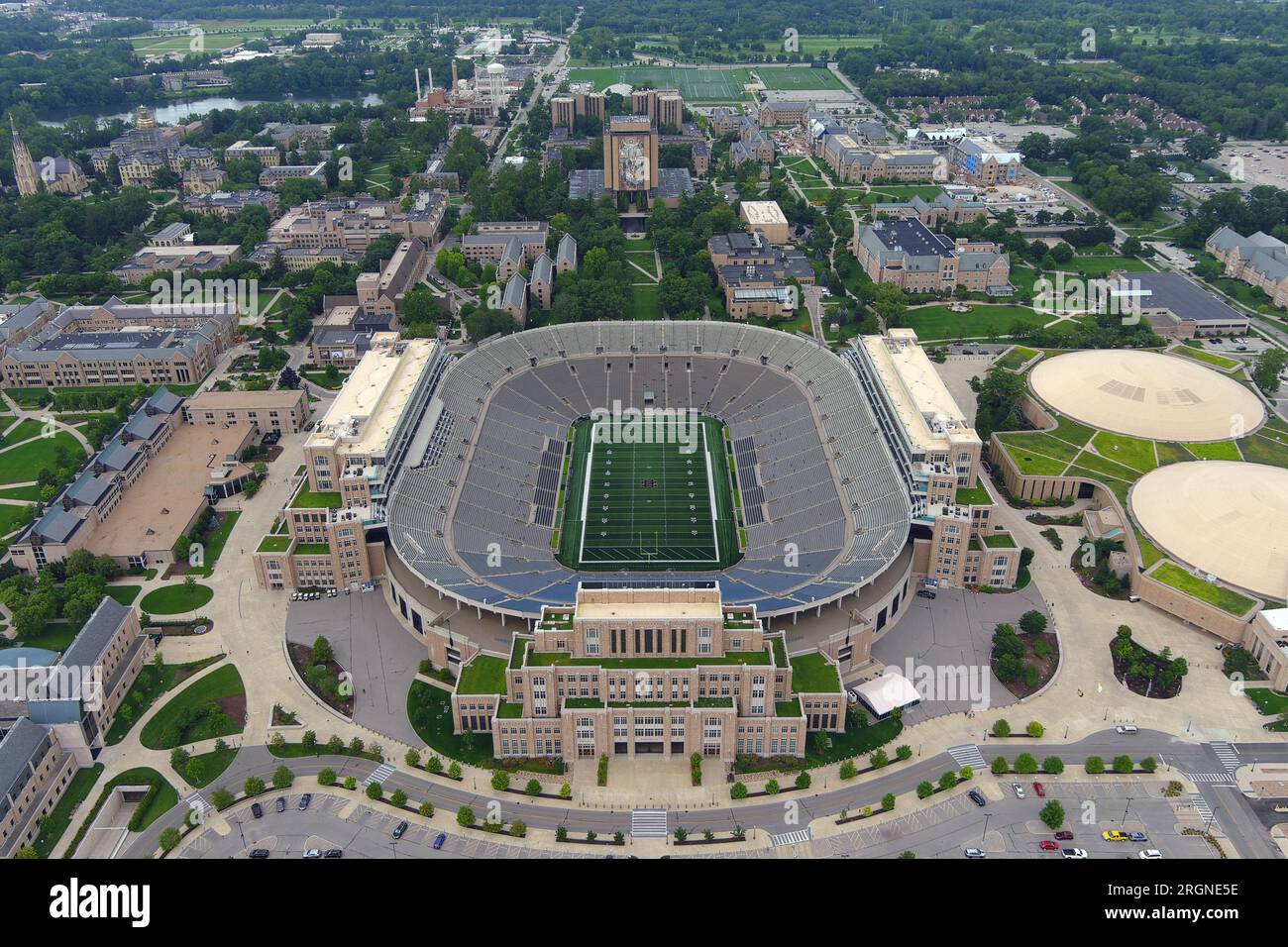 A general overall aerial view of Notre Dame Stadium and Touchdown Jesus ...