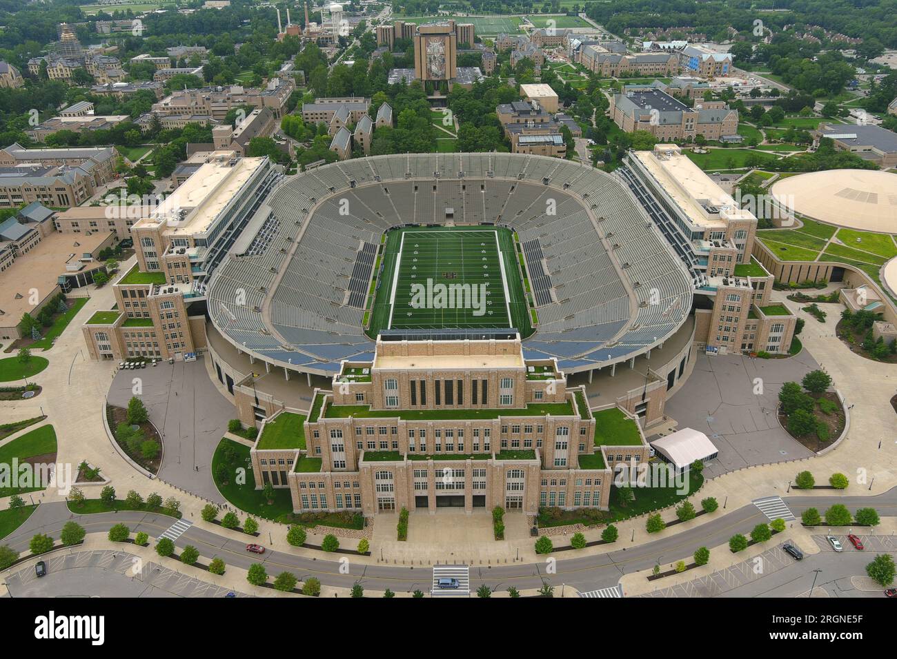 A general overall aerial view of Notre Dame Stadium and Touchdown Jesus ...