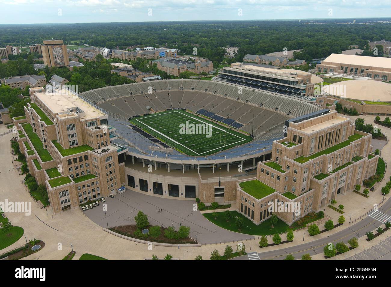 A general overall aerial view of Notre Dame Stadium and Touchdown Jesus ...