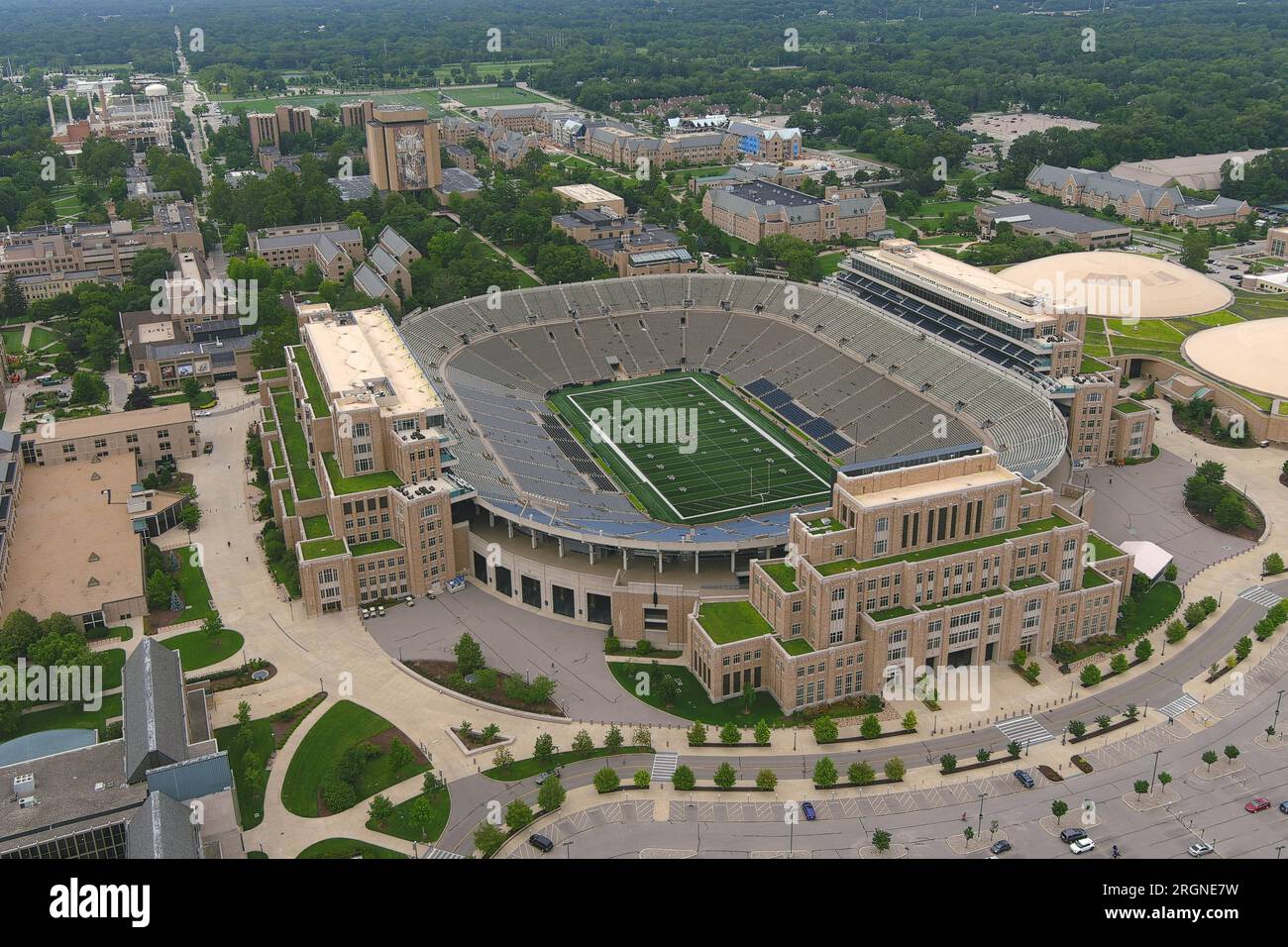 A general overall aerial view of Notre Dame Stadium and Touchdown Jesus ...
