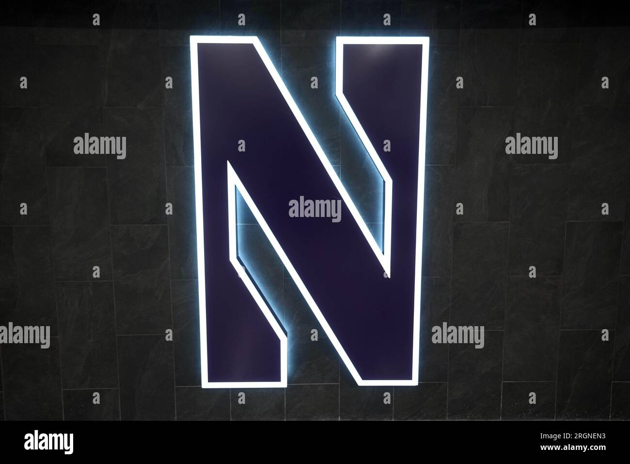 The Northwestern Wildcats logo at the Welsh-Ryan Arena on the ...